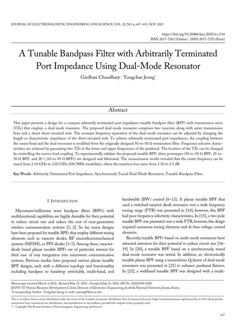 Pdf A Tunable Bandpass Filter With Arbitrarily Terminated Port Impedance Using Dual Mode Resonator
