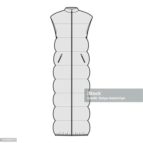 스탠드 칼라 지퍼 업 클로저 포켓 맥시 길이가있는 다운 조끼 퍼퍼 웨이스트 코트 기술 패션 일러스트레이션 0명에 대한 스톡 벡터 아트 및 기타 이미지 Istock