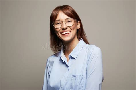 Funny Smiling Happy Girl In Glasses Beautiful Laughing Woman Stock