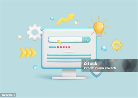 검색 창 돋보기 화살표 설정 전구 방패 아이콘이 있는 사실적인 3d 컴퓨터 웹 인터넷 브라우저 주소 찾기 보호 된 상징에 대한 만화 3d 네비게이션 검색 상자 맹꽁이자물쇠에