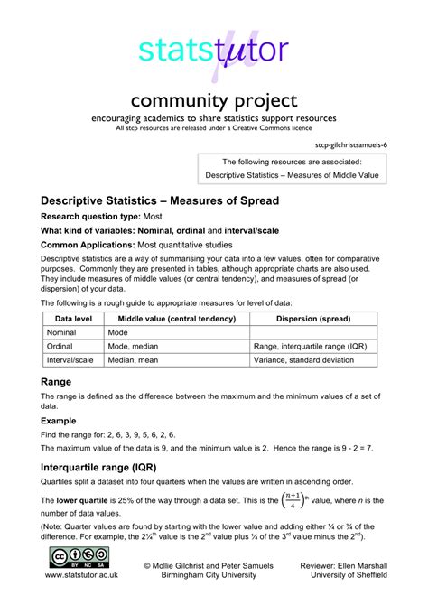Pdf Descriptive Statistics Measures Of Spread