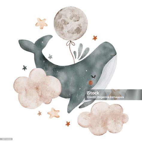 고래 구름 별 달이 있는 구도 수채화 귀여운 어린이 그림 포스터 옷 엽서 베이비 샤워 수채화에 대한 스톡 벡터 아트 및 기타 이미지 Istock