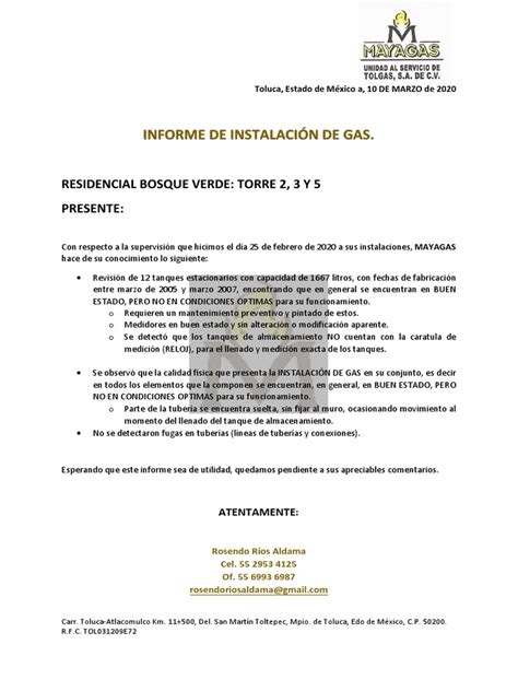 Informe Instalacion Gas Pdf Ciencia Y Matemáticas