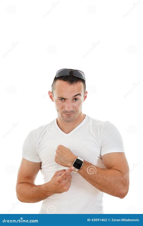 Man In White T Shirt Pointing A Finger At Clock To Camera Stock Photo Image Of Hurry Looking