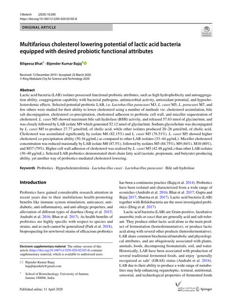 Pdf Multifarious Cholesterol Lowering Potential Of Lactic Acid