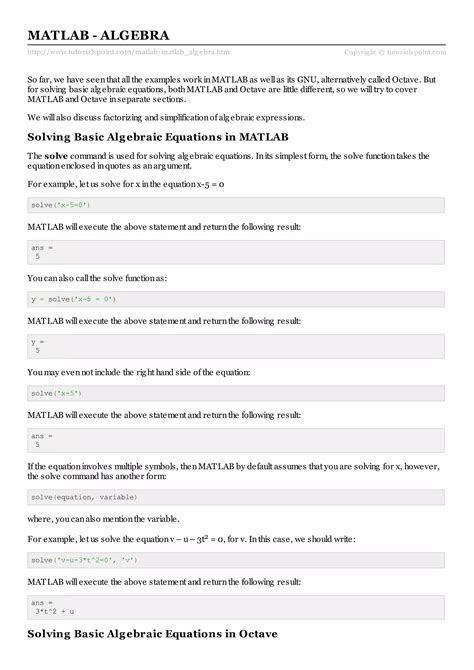 Matlab Algebra Pdf Programming Languages Computing