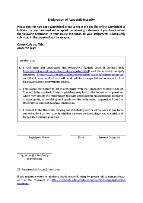 Academic Integrity Declaration Form For Course Submission Studocu