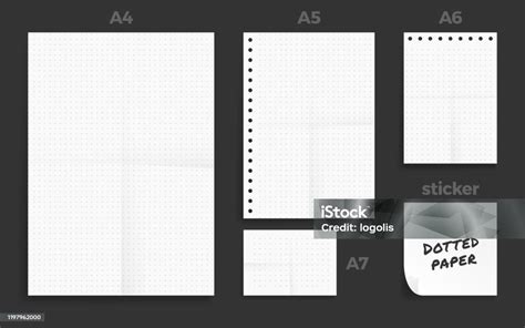 구겨진 4 개의 스탠드 아트 점선 빈 시리즈 A 형식 의 종이 A4 A5 A6 및 A7 크기 노트 스티커 세트 A4 용지에 대한 스톡 벡터 아트 및 기타 이미지 Istock