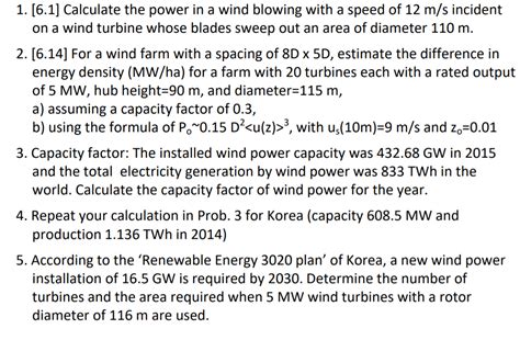 Solved 1 [6 1] Calculate The Power In A Wind Blowing With A