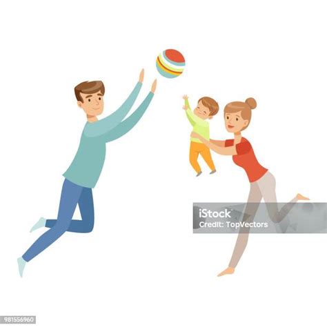 엄마 아빠와 그들의 작은 아들 공 함께 행복 한 가족 및 양육 개념 흰색 배경에 그림을 벡터 가족에 대한 스톡 벡터 아트 및 기타 이미지 Istock