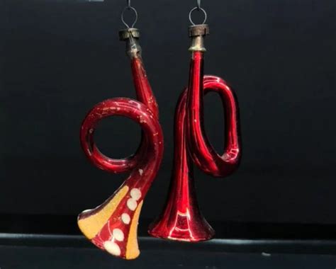 Set Of 2 Glass Hand Painted Antique French Horn Christmas Ornaments