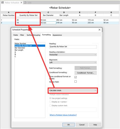 when creating a rebar schedule the quantity by rebar set values do