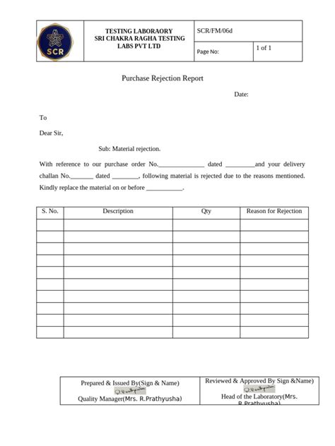 Material Rejection Report Template Pdf