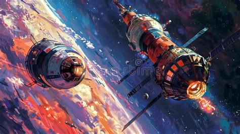 Dramatic Scene Of The Apollo Soyuz Space Docking Showing Spacec Stock Illustration