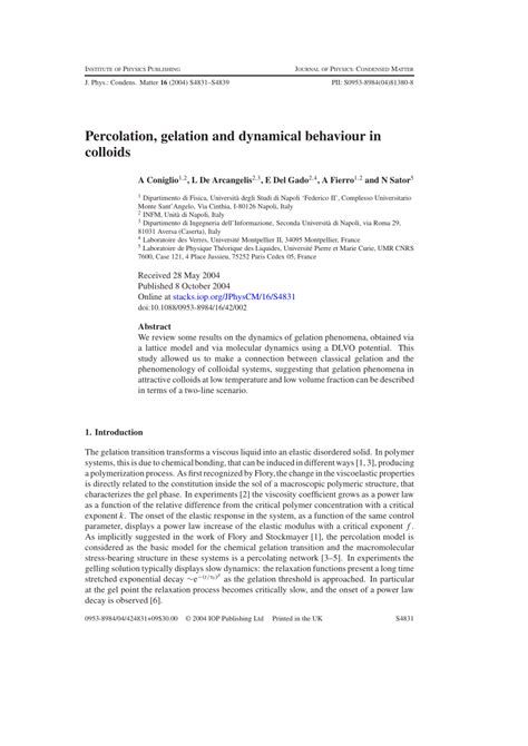 Pdf Percolation Gelation And Dynamical Behaviour In Colloids