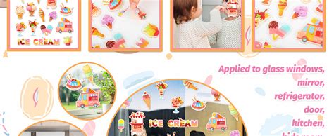 Whaline 34pcs Summer Ice Cream Thick Gel Clings Colorful