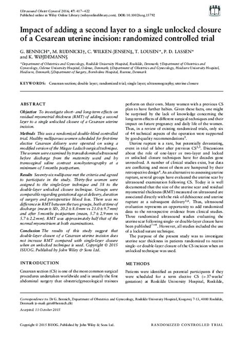 Pdf Impact Of Adding A Second Layer To A Single Unlocked Closure Of Cesarean Uterine Incision