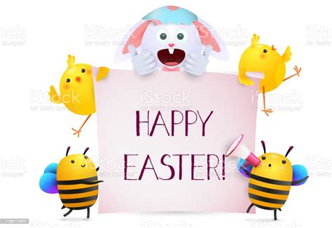 토끼 병아리와 꿀벌 캐릭터와 함께 행복 한 부활절 레터링 개념에 대한 스톡 벡터 아트 및 기타 이미지 개념 개념과 주제 계절 Istock
