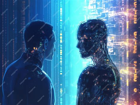 Premium Photo Modern Technologies Robot Versus Human Human Looking At Robot Robot