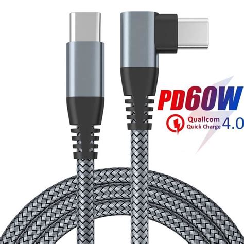 Ototon® 2m Câble Usb C Vers Usb C Coudé 90 Degrés Charge Rapide Pd 60w