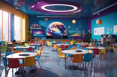 Premium Ai Image A Classroom Of The Future With A Vibrant Colorful Atmosphere And A Variety Of