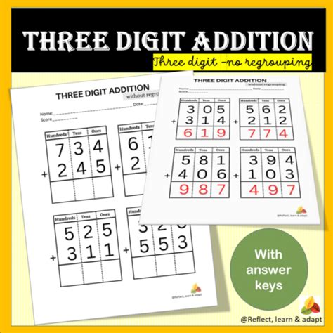 Three Digit Addition Without Regrouping Adaptive Resources Classful