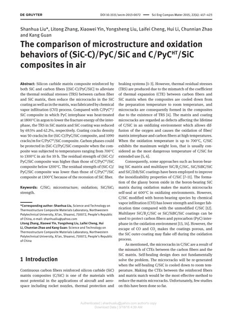 Pdf The Comparison Of Microstructure And Oxidation Behaviors Of Sic C Pyc Sic And C Pycht