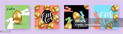 행복한 부활절 부활절 인사말 카드 휴일 표지 포스터 3d 사실적인 황금 계란 토끼와 서예와 전단지 디자인세트 트렌디한 모던 디자인 가리기에 대한 스톡 벡터 아트 및 기타