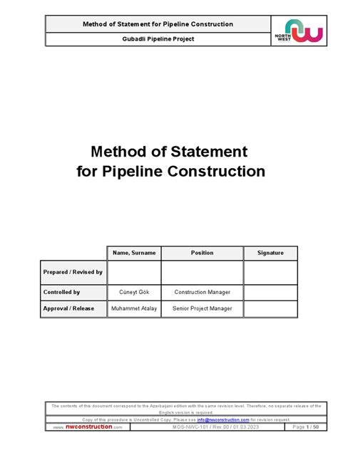 Mos Nwc 101 Method Of Statement For Pipeline Construction Download Free Pdf Nondestructive