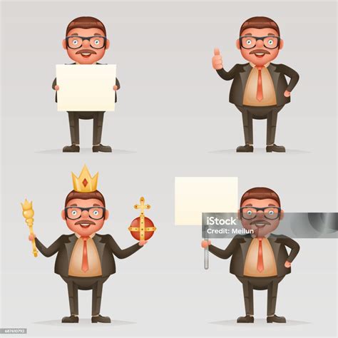 귀여운 성공적인 사업가 명랑 킹 머리 전원 및 3d 만화 캐릭터 고립 벡터 일러스트 레이 션을 손 빈 종이 엄지손가락에 왕 크라운 3차원 형태에 대한 스톡 벡터 아트 및