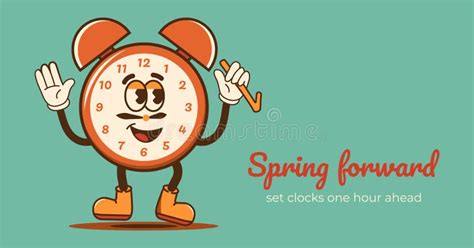 Groovy Clock Daylight Saving Time Banner Happy Face Turn To Summertime