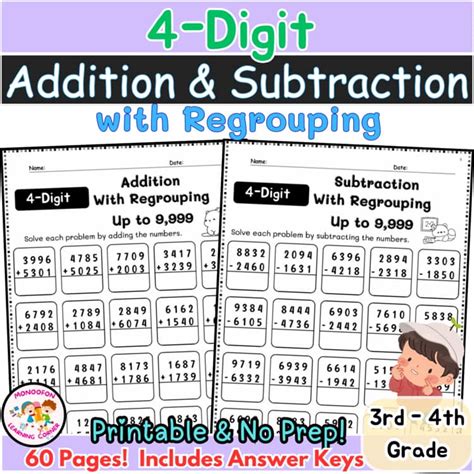 4 Digit Addition And Subtraction With Regrouping Math Worksheets Up To 9 999