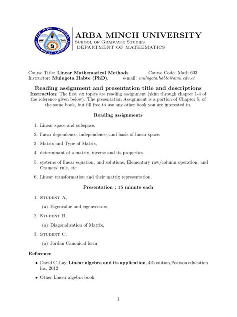 Arba Minch University Reading Assignment And Presentation Title And