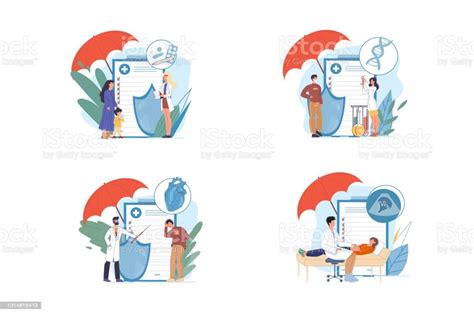 직장에서 플랫 만화 캐릭터 의사 의료 Insuranse 세트 벡터 일러스트 개념 간호사에 대한 스톡 벡터 아트 및 기타 이미지