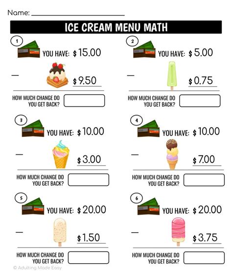 Ice Cream Shop Menu Math Subtraction Worksheets Money Worksheets Math Subtraction Worksheets