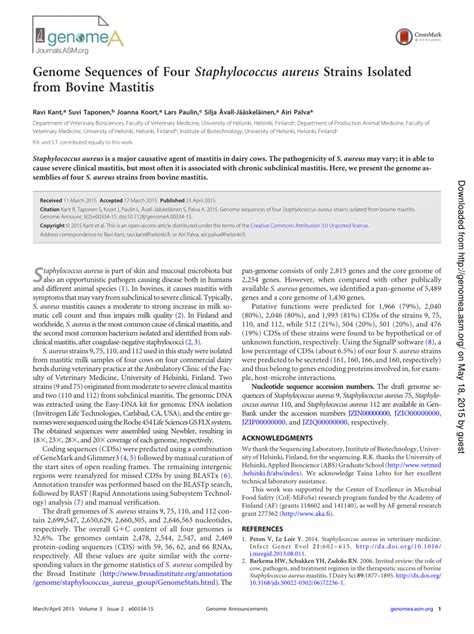 Pdf Genome Sequences Of Four Staphylococcus Aureus Strains Isolated From Bovine Mastitis