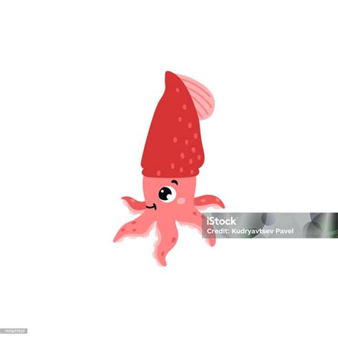 귀여운 만화 웃는 오징어 캐릭터 플랫 스타일 벡터 일러스트 레이 션 가공의 인물에 대한 스톡 벡터 아트 및 기타 이미지 가공의 인물 귀여운 눈 신체 부분 Istock