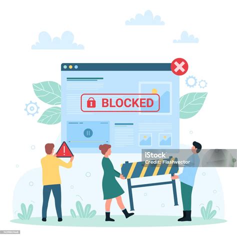 콘텐츠 제한 느낌표를 들고 있는 작은 사람들에 의한 Ip 차단 및 차단 가리기에 대한 스톡 벡터 아트 및 기타 이미지 가리기 개념 경계 표지 Istock