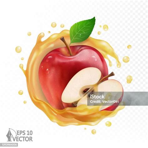 자연적인 신선한 빨간 사과와 반 현실적인 사과 주스 투명한 스플래시 및 방울 3d 벡터 일러스트 레이 션 사과 주스에 대한 스톡
