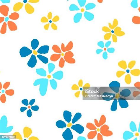 간단한 꽃 벡터 원활한 패턴 주황색 노란색 흰색 배경에 파란색 꽃 직물 인쇄 섬유 제품 의류 0명에 대한 스톡 벡터 아트 및 기타 이미지 Istock
