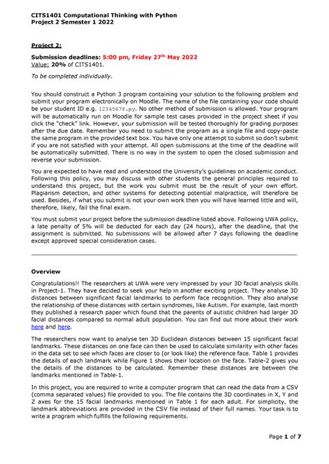 Cits1401 Project 2 S1 2022 Project 2 Semester 1 2022 Project 2 Submission Deadlines 500 Pm