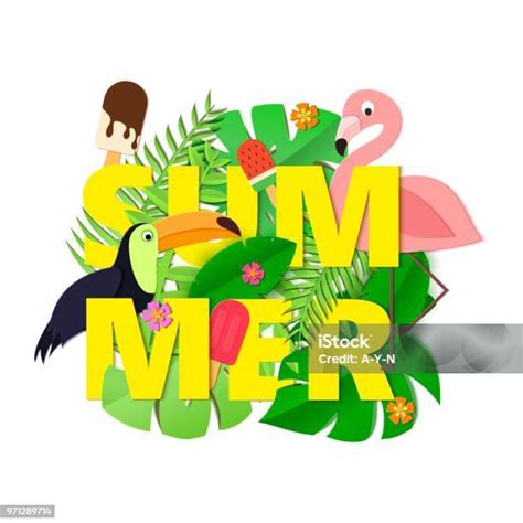단어 여름 구성 꽃 정글 큰부리새 플라밍고와 아이스크림 Trandy 종이 스타일을 잘라 나뭇잎 포스터 배너 전단지에 대 한 열