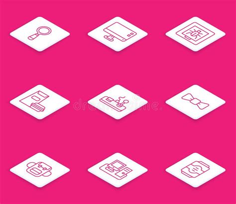 set line magnifying glass computer monitor screen insects frame burger gamepad bow tie