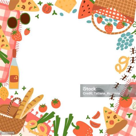 피크닉 파티 포스터 피크닉 바구니 피크닉 담요 음식 피자 레모네이드 레저가있는 여름 피크닉 파티 초대장 프레임 야외 활동 휴식