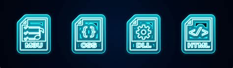 라인 M3u 파일 문서 Css Dll 및 Html을 설정합니다 빛나는 네온 아이콘입니다 벡터 가득 찬에 대한 스톡 벡터 아트 및