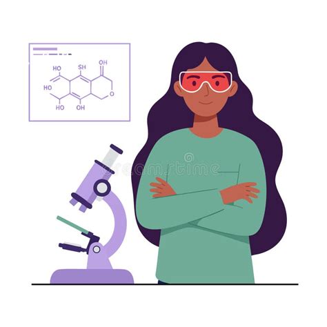 Female Scientist With Microscope And Chemical Formula Illustration In Laboratory Setting Stock