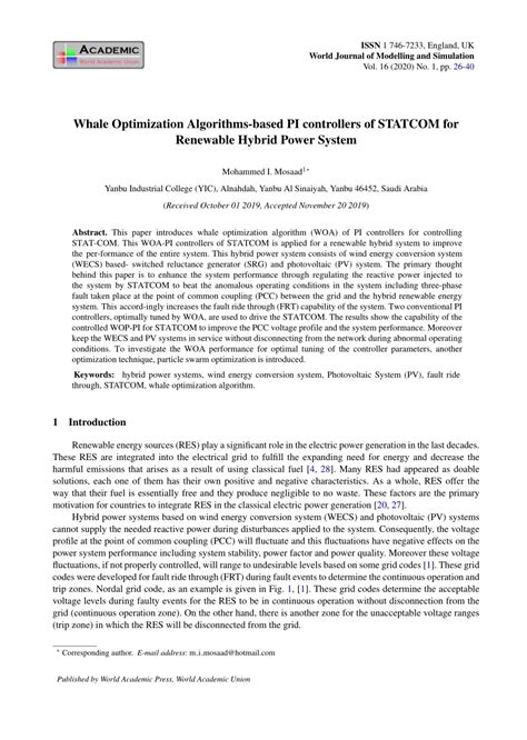 Pdf Whale Optimization Algorithms Based Pi Controllers Of Statcom For Renewable Hybrid Power