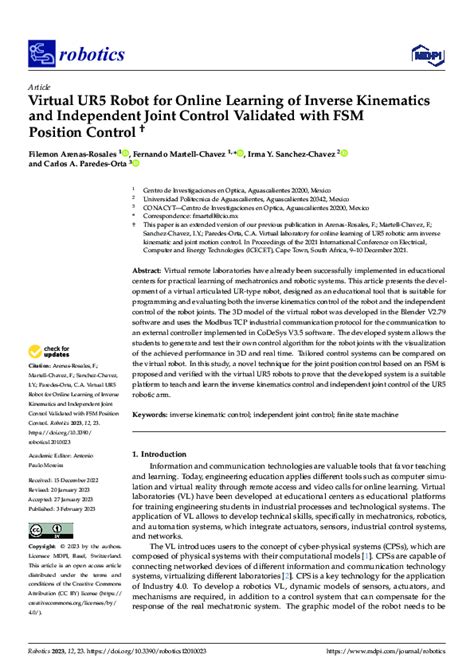 Pdf Virtual Ur5 Robot For Online Learning Of Inverse Kinematics And