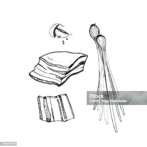 Illustration Vector Illustration Food Lard A Piece Of Lard Cloves Of Garlic Peppercorns And