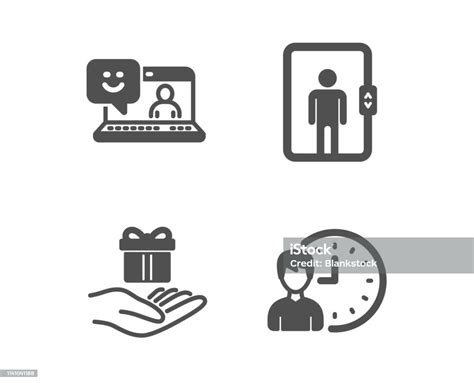 스마일 엘리베이터 및 충성도 프로그램 아이콘입니다 근무 시간 기호입니다 노트북 피드백 사무실 운송 선물 벡터 경영자에 대한 스톡